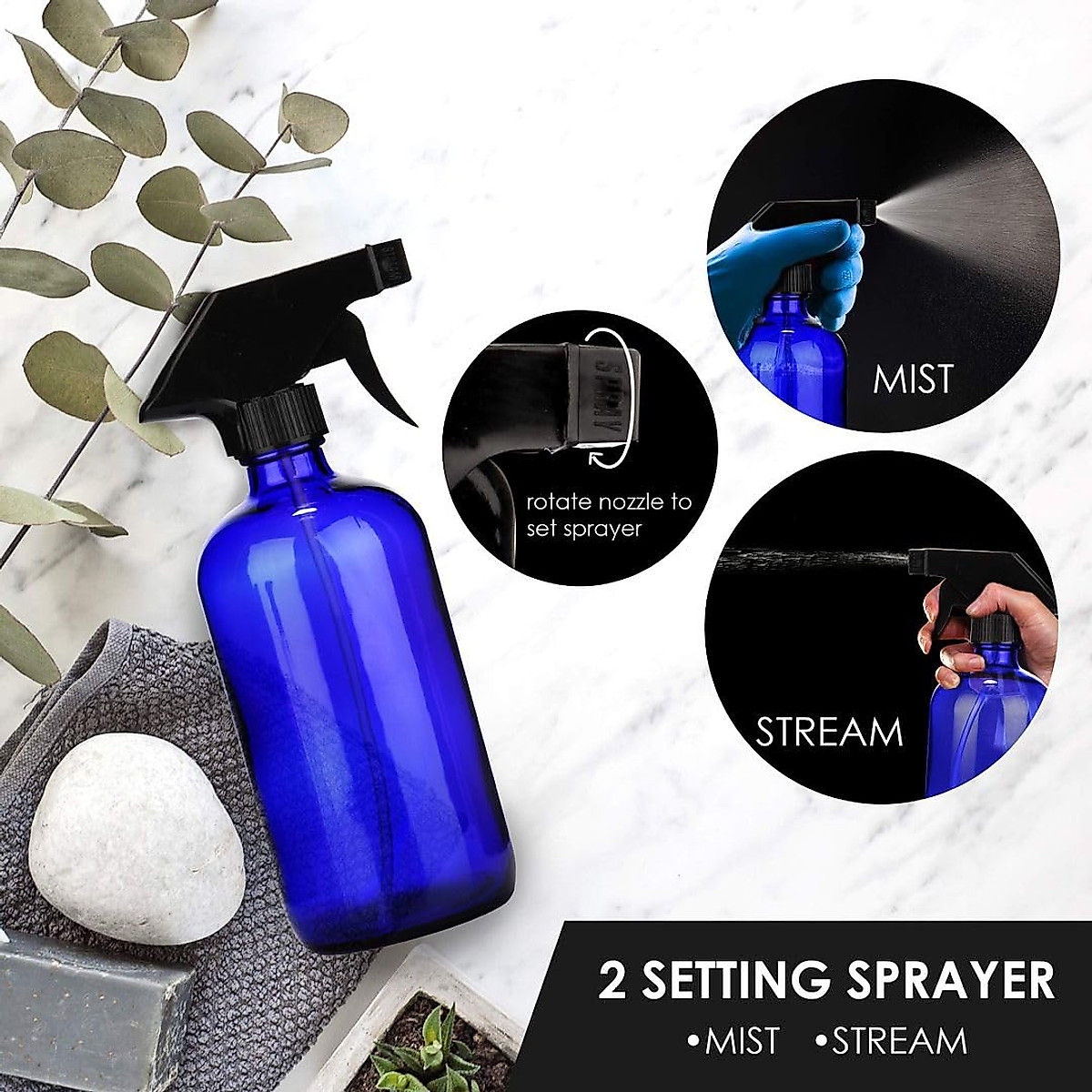 Chef's Star Glass Spray Bottles for Cleaning Solutions, Plants, and Hair, Empty Refillable Misting Spritzer with 2 Adjustable Spray Settings, 16 Oz, Pack of 2, Blue