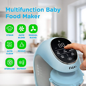 EVLA'S Baby Food Maker, Steamer, Blender, Baby Food Processor for Healthy Homemade Baby Food in Minutes, Touch Screen with 6 Reusable Food Pouches, Baby Registry Essential, Blue
