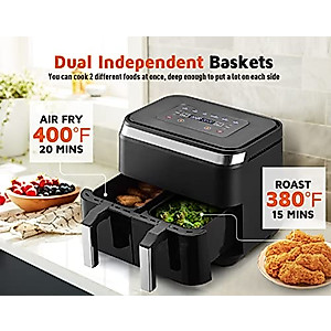 DyBaxa 10Qt 6-in-1 Dual Basket Air Fryer, 2 Independent Air Fry Baskets, ClearCook Windows, Easy-to-Control Panel, Roast Broil Dehydrate&More for Quick & Easy Meals, Nonstick & Dishwasher-Safe Basket