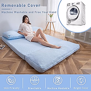 MAXYOYO Cooling Mattress, Single Floor Sofa Bed with Foam Filling, Foldable Faux Fur Cover, Blue, 30x95 Inch, Helps Hot Sleepers