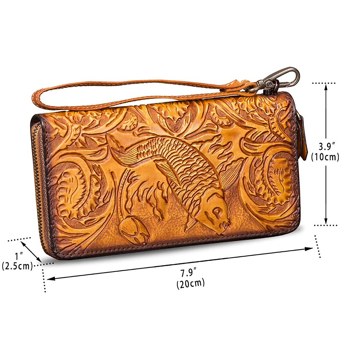 Genuine Leather Wallet Women's Zip Around Wristlet Long Purse Vintage Embossing Cowhide Capacity Handmade Clutch (Brown)