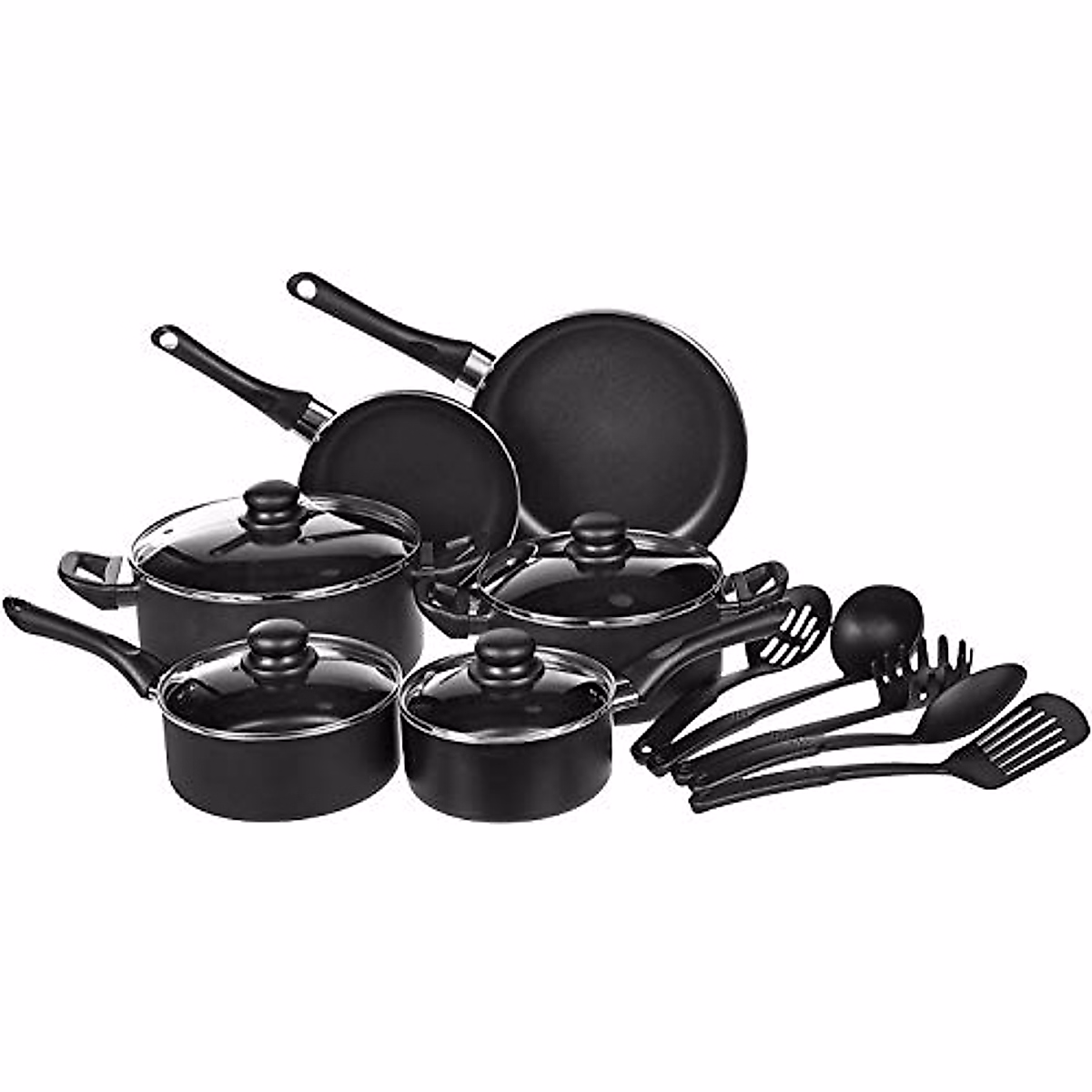 Amazon Basics 18-Piece Kitchen Dinnerware Set, Plates, Dishes, Bowls, Service for 6, Swirl & Non-Stick Cookware Set, Pots, Pans and Utensils - 15-Piece Set