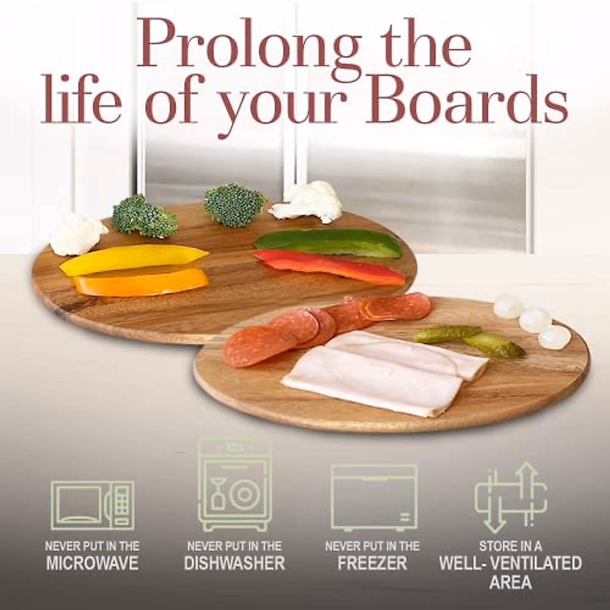 Woodard & Charles 6 Acacia Wood Serving Boards with Stand, Perfect for Serving, Sushi, Cheese, Hors D'Oeuvre, Charcuterie, Sandwiches, 7 Piece Set, 9 1/2" x 6 1/2"