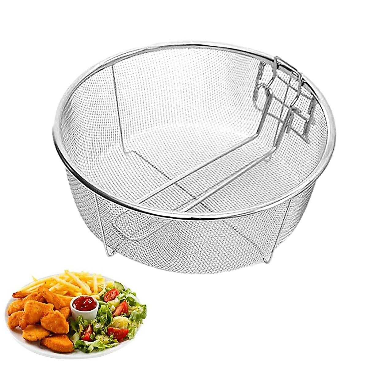 Stainless Steel Fry Basket, 12.6''/14.7'' Round Wire Mesh Fry Basket, French Chips Fry Serving Food Presentation Tableware with Folding Handles, Deep Fryer Accessories