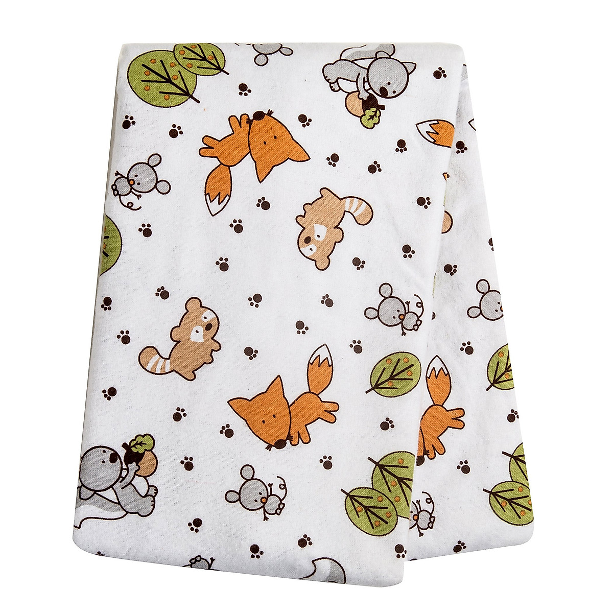 Friendly Forest Deluxe Flannel Swaddle Blanket - Forest Animals Scatter Print Cotton Flannel, Orange, Green, Tan, Gray and White, 48 in x 48 in