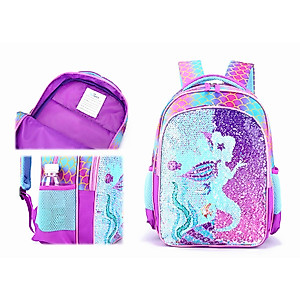 Reversible Sequin School Backpack Lightweight Little Kid Book Bag for Preschool Kindergarten Elementary (15", Mermaid)