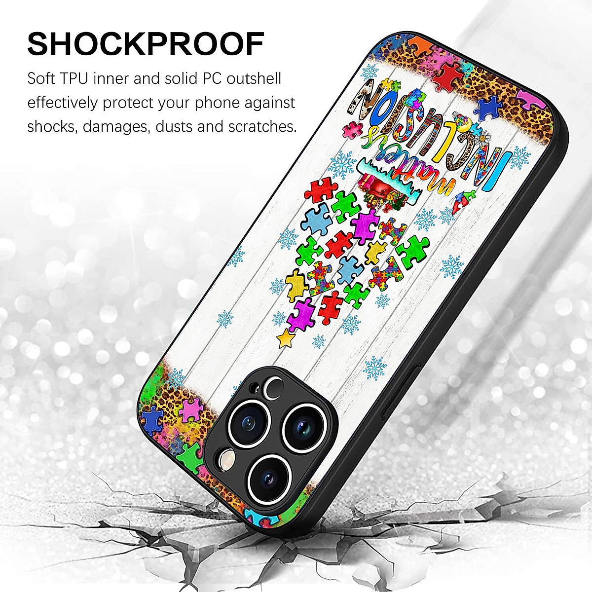 Matters Inclusion Autism Awareness Christmas Tree Phone Case Compatible with iPhone 15 14 13 12 11 Pro Max|Samsung Galaxy S23 S22 S21 S20 FE|A14 A54 A53 A03S A13|Note 20 10|Z FLIP 3/4/5 Black