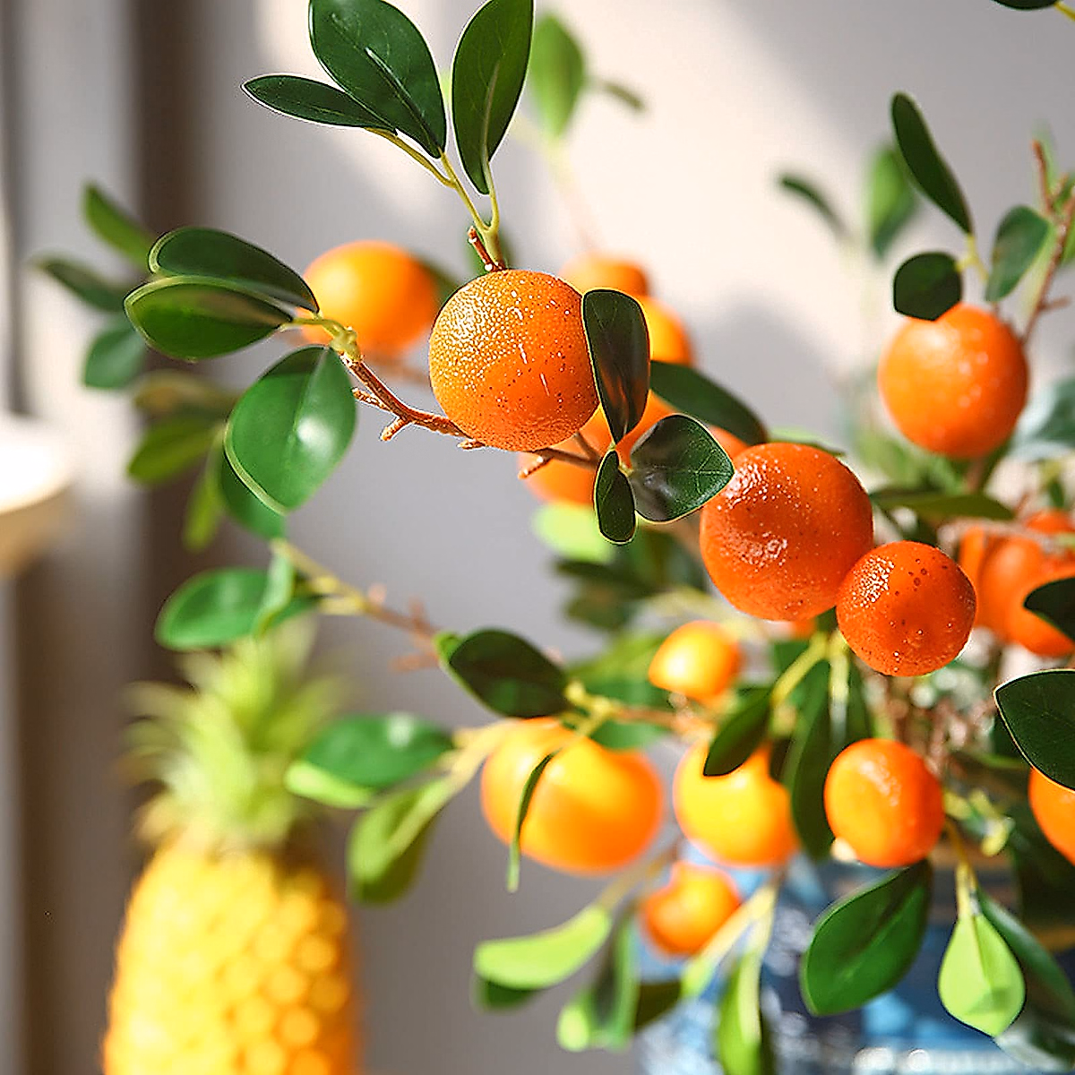 FXforer 4 Pcs Artificial Orange Branch,34.3 Inch Simulation Fruits Tree Stem with Green Leaves,Imitation Plants Bouquet for Home Garden Holiday Decor, 210402YF34-2-4a-10479-1849293441, Yellow, 87CM