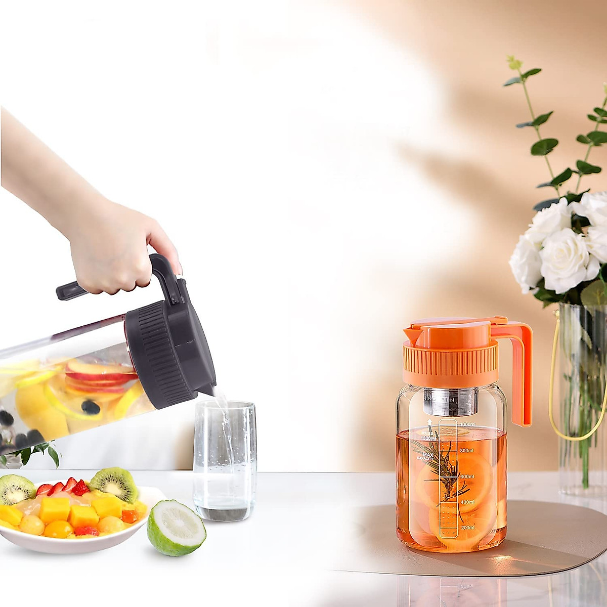 Wide Mouth Mason Jar Pour Spout Lids with Handle Plastic 2 Pack Drinking Lids Bulk Reusable, Mason Jar Pitcher, pancake maple syrup dispenser, salad dressing dispenser- Black&Orange (Jar Not Included