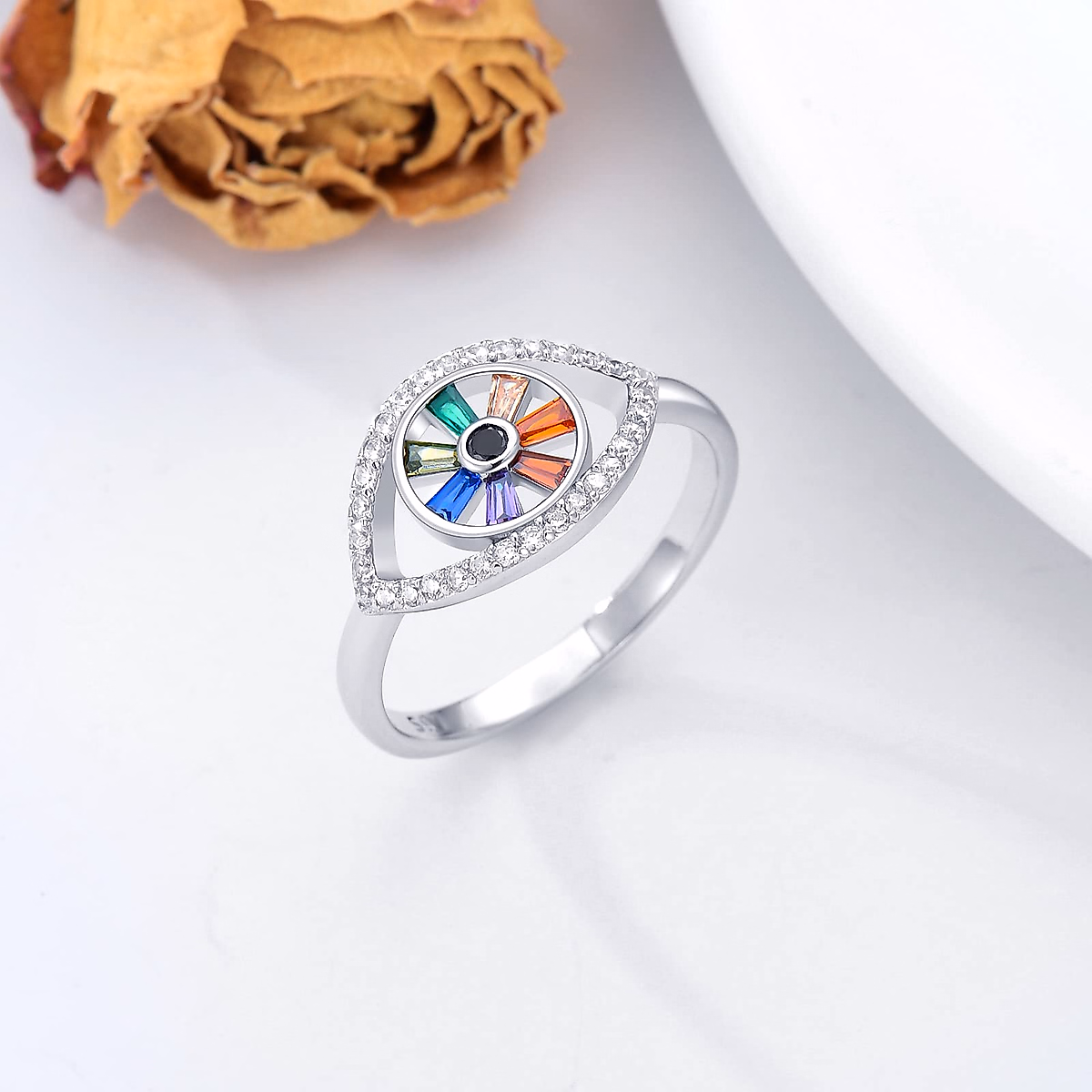 PEIMKO 925 Sterling Silver Turkish Evil Eye Rings for Women, Chakra Rings Evil Eye Jewelry Protection Lucky Birthday Gift Size 6-8 (8)