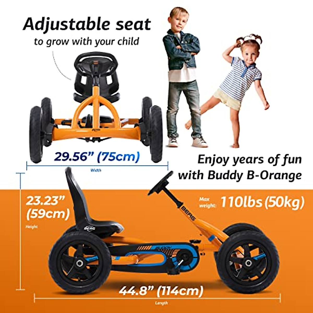Berg Toys - Buddy B-Orange Pedal Go Kart - Go Kart - Go Cart for Kids - Pedal Car Outdoor Toys for Children Ages 3-8 - Ride On-Toy - BFR System - Adjustable Seat - Pedal Kart for Kids