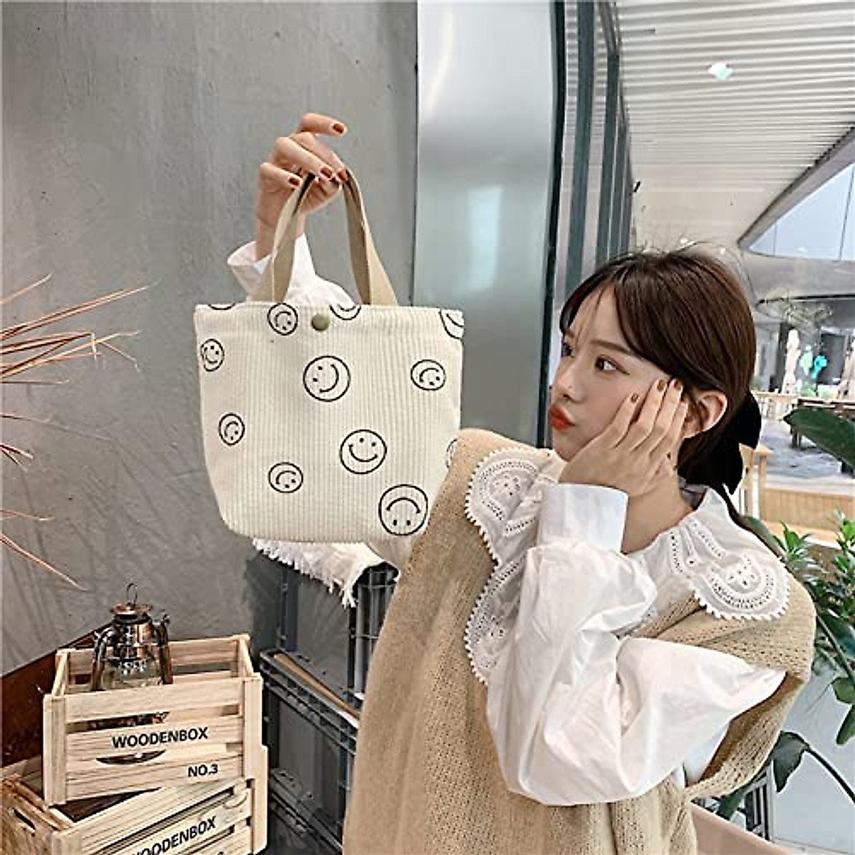 Corduroy Smiley Face Tote Bag Aesthetic Tote Bags Cute Preppy Smile Face Bag Small Handbag Teen Girls Trendy Stuff