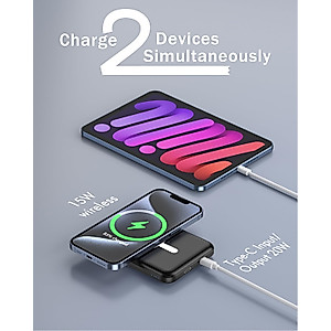 podoru for Magsafe Battery Pack, 5000mAh Magnetic Power Bank with Type-C Cable 20W PD Fast Charging Lighting Input Wireless Portable Charger for iPhone 16/15/14/13/12/ All Series-Black