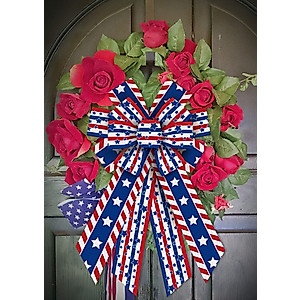 LANGFON 4th of July Fabric Ribbon Patriotic Small Stars Decor Ribbon Strip Burlap Edge Wired Ribbon for Veterans Day Independence Day Gift Wrapping Party Decoration Supplies 10 Yards 2.5 Inch 1 Roll