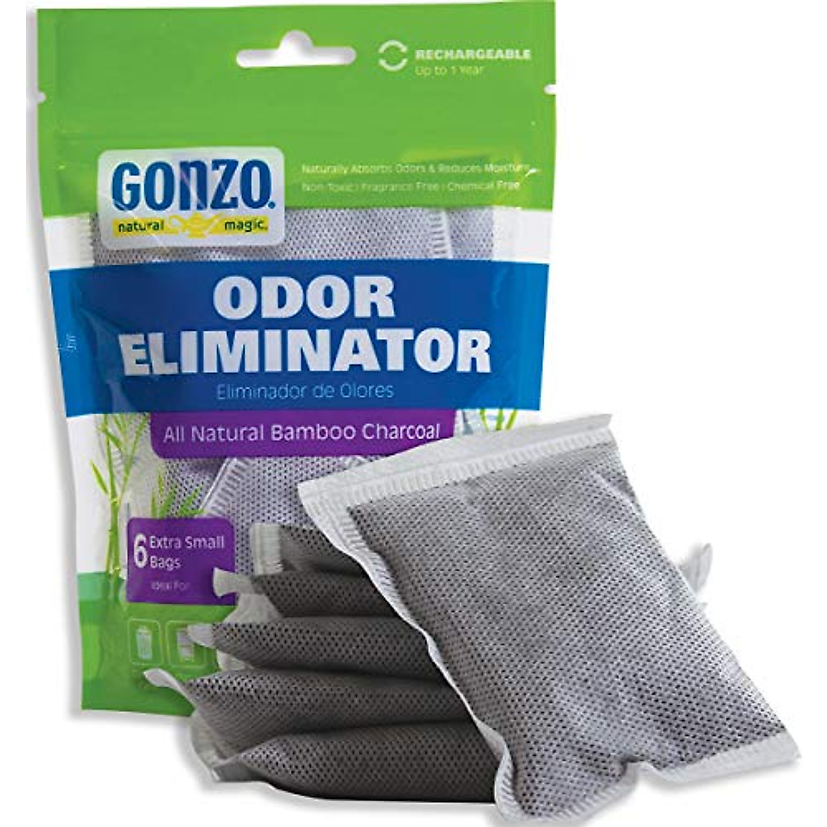Gonzo Bamboo Charcoal - 6 Extra Small Bags 10g - Odor Eliminator Bags Natural Purifying Charcoal Odor Absorber Air Freshener For Home Drawers Pets Gym Bag