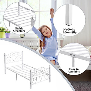 VECELO Twin Size Bed Frame with Headboard and Footboard, Heavy Duty Metal Slat Support, Platform Mattress Foundation, No Box Spring Needed, Easy Assembly, White