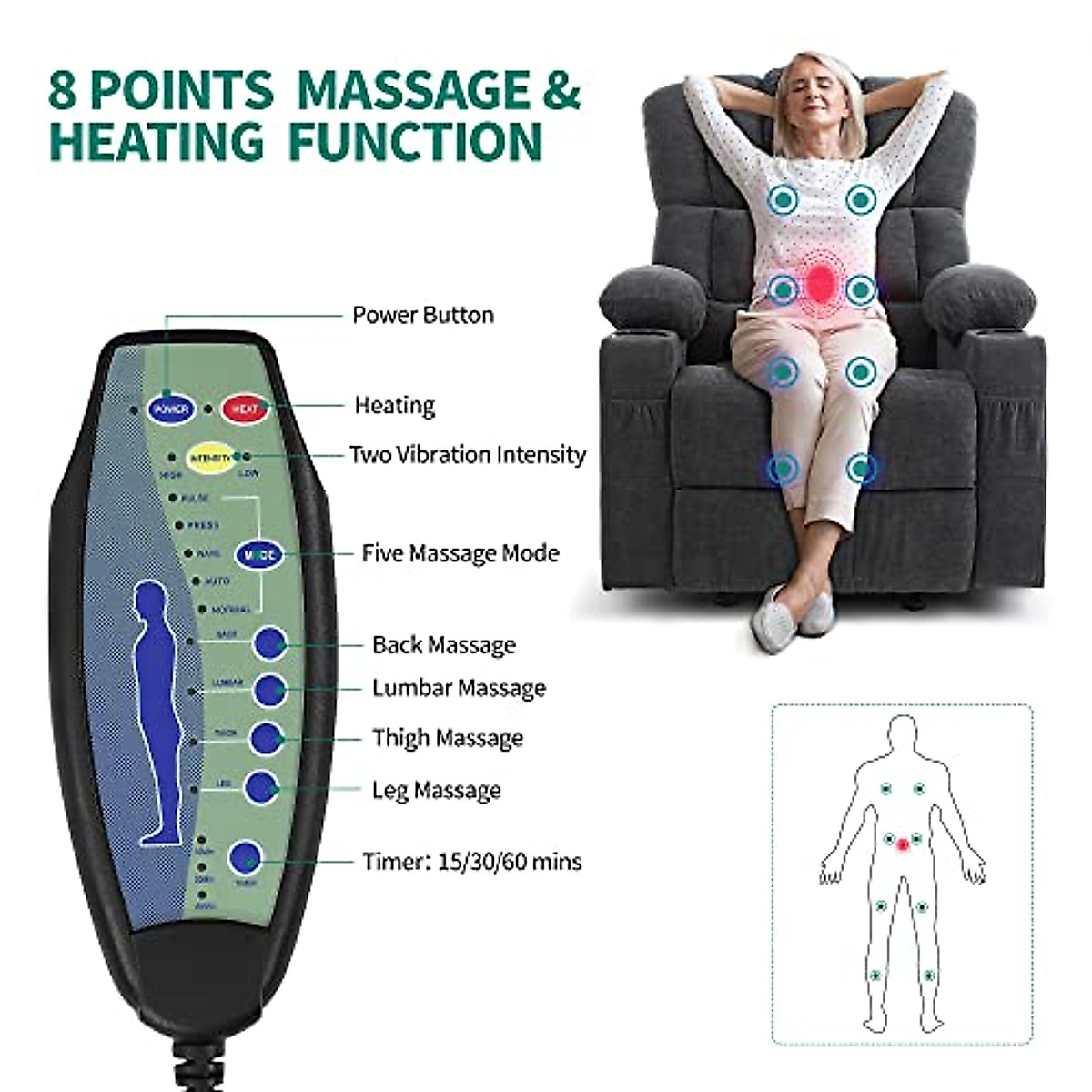 YITAHOME Glider Rocker Recliner Chair with Massage and Heat, Fabric Recliner Chair, Manual Rocking Recliner Chair with 2 Cup Holders, USB Charge Port and Side Pocket,Grey