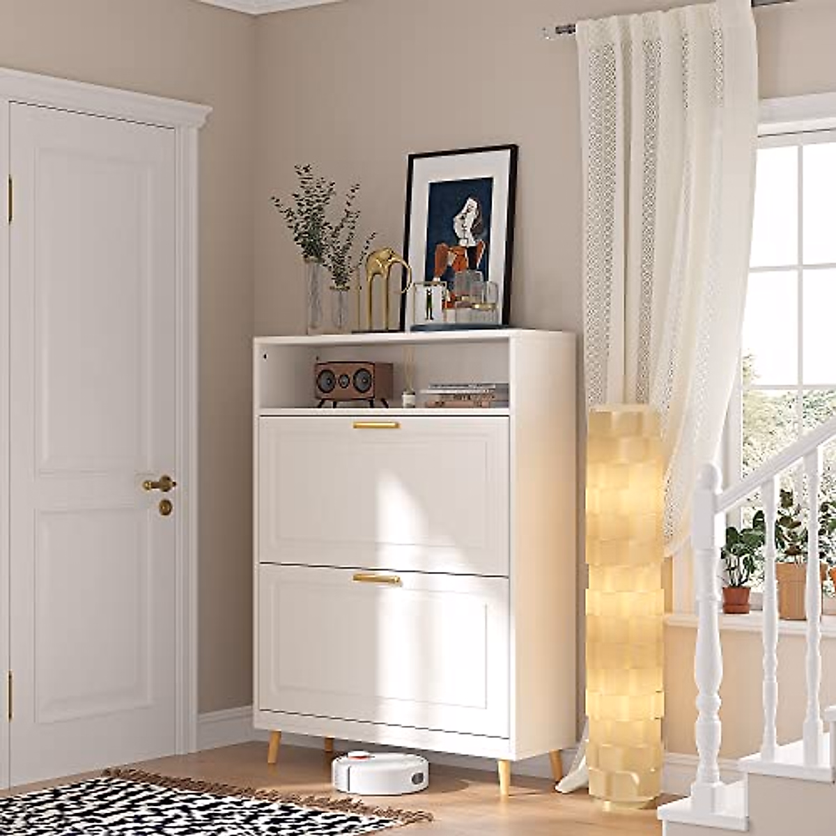 EnHomee Shoe Cabinet 24 Pair Shoe Cabinet for Entryway Slim Entryway Shoe Storage Cabinet with 2 Flip Drawers Size up to Men's 13 Narrow Shoe Cabinet Hidden Shoe Cabinet with Doors Open Shelves