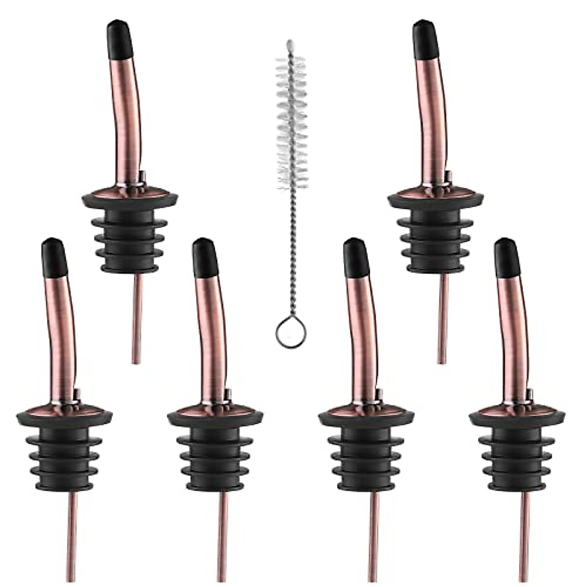 6 Pack Liquor Bottle Pourers, Bottle Pourers for Alcohol with Cleaning Brush, Stainless Steel Liquor Pourers with Rubber Dust Caps, Weyexpert Liquor Pour Spouts Copper, Dishwasher Safe