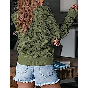 MEROKEETY Womens Deep V Neck Wrap Sweaters Long Sleeve Crochet Knit Pullover Tops, Army Green, Large