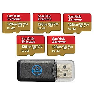 SanDisk Extreme 128GB Micro SDXC Card for DJI Mavic Mini 2, Mavic Mini, Mavic Air 2 Drone (5 Pack) C10 4K V30 A2 (SDSQXA1-128G-GN6MN) Bundle with 1 Everything But Stromboli MicroSD Memory Card Reader
