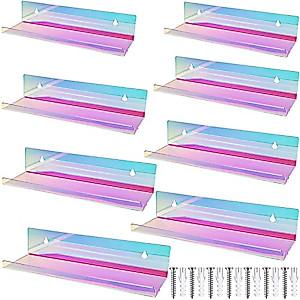 8 Pcs Rainbow Iridescent Acrylic Floating Shelves 4 Sizes Holographic Wall Mounted Kids Shelves Nail Polish Rack Acrylic Bathroom Shelf Rainbow Wall Shelf Book Display Shelves for Bedroom Living Room