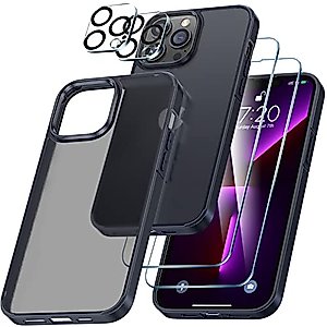 LK [5-in-1 for iPhone 13 Pro Max Case, 2 Pack Tempered Glass Screen Protector + 2 Pack Camera Lens Protector, Matte-Finish, All-Round Protection, Shockproof, Anti-Scratches Kit, Matte Black