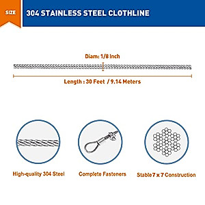 MAGZO Stainless Steel Clothesline Portable Detachable Laundry Wire Vinyl Coated Clothesline Wire Kit with Tightener System Hanging Rope Cable Set for Curtain/Car/Garage/Outdoor/Indoor/Travel (30FT)