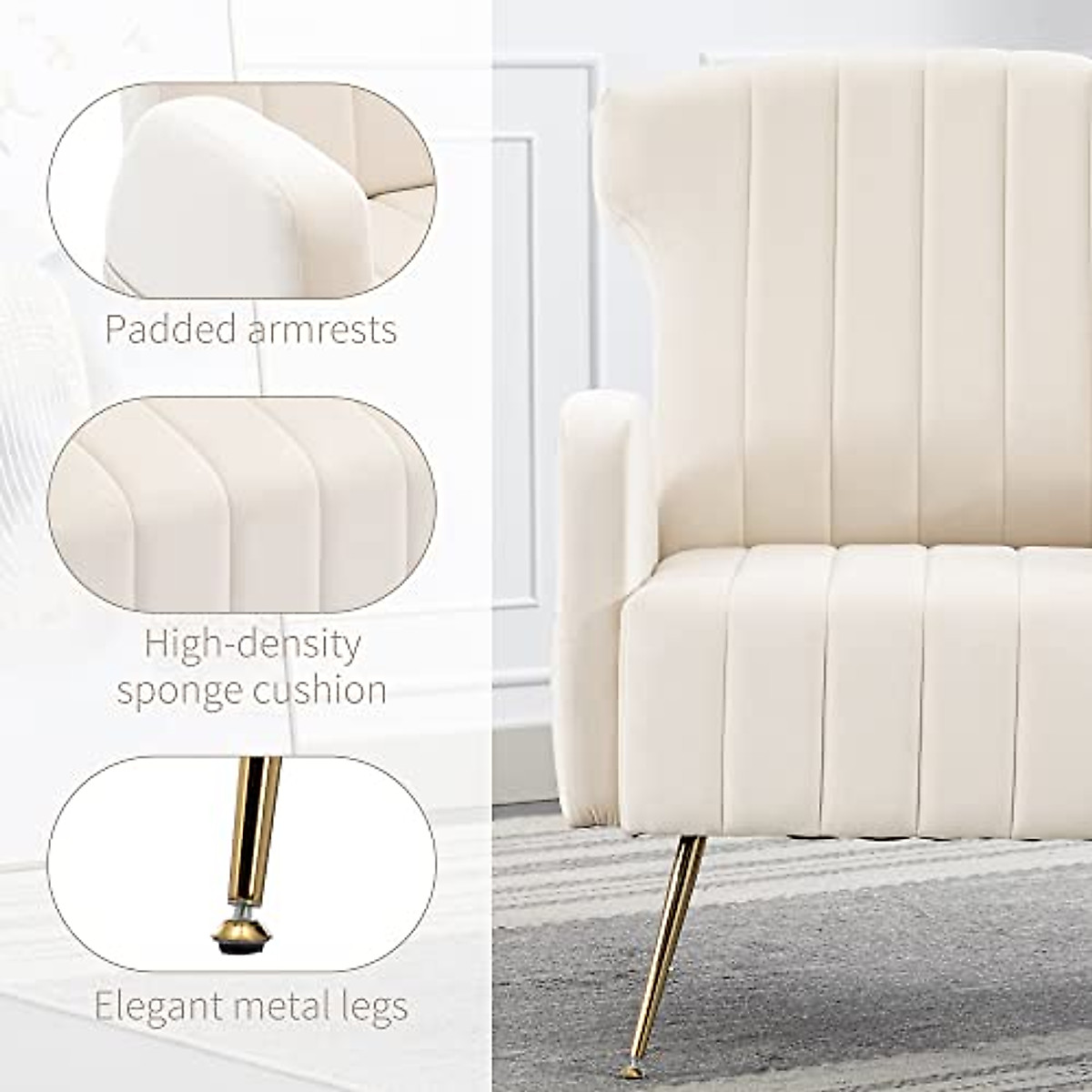Villeston Accent Chairs Set of 2 for Living Room Velvet High Back Comfy Armchair Single Sofa with Metal Legs for Bedroom Office, Beige