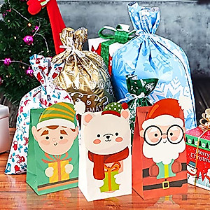 Uptotop Christmas Candy Bags, 24 Pack 2D Christmas Treat Bags with 6 Assorted Designs, Xmas Kraft Paper Bags for Holiday Cookie Candy Party Favor Supplies Decor