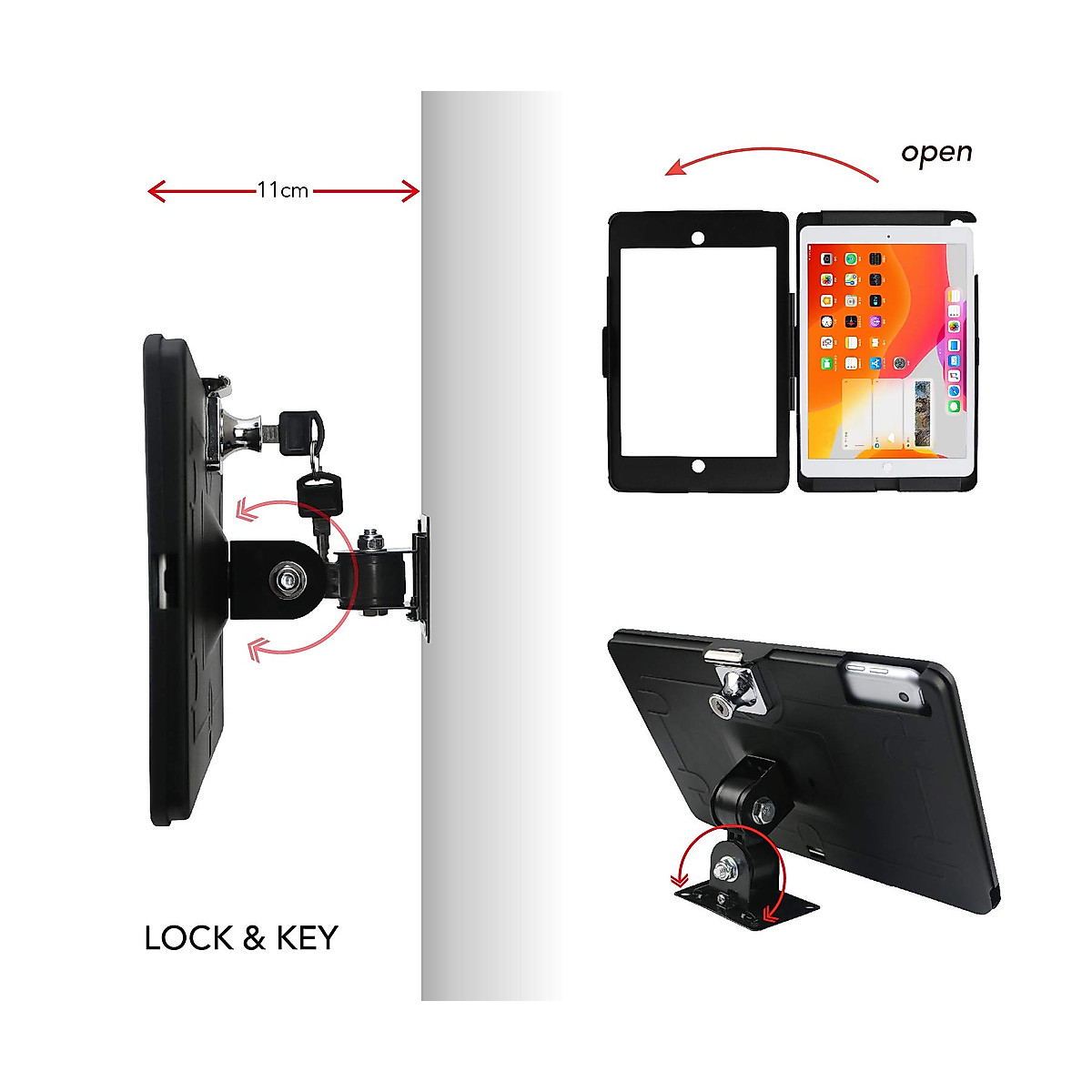 WeSTRUGGLE Tablet On Wall Mount Bracket for iPad 10.2-Inch (9th,8th,7th Gen.),with Anti Theft Security Lock and Key, Rotate Design Arbitrary Adjustment,Multi Angle,Metal,(Black)
