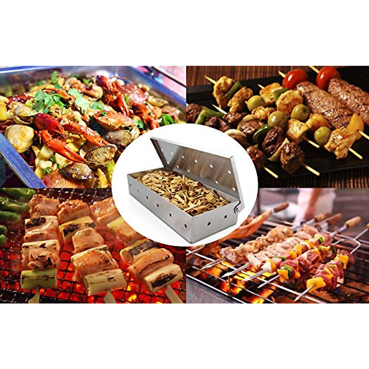 Pellet Grill Smoker Box for BBQ Heavy Duty Sturdy Stainless Steel for Charcoal & Gas Grilling Accessories Wood Chips Meat/Salmon in Barbecue (Round Hole)