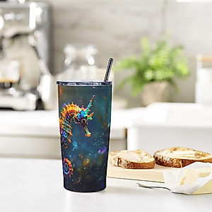VOSERY Neon Seahorse Underwater Realm Cute Tumbler with Lid and Straw, 20 Oz Stainless Steel Insulated Tumbler Water Bottle Cup, Travel Coffee Mug Personalized Tumbler