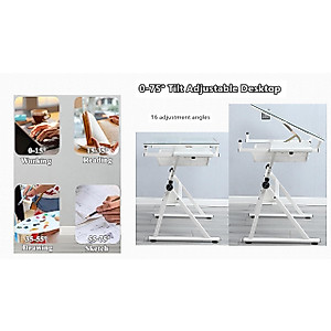 Landpink Glass Drafting Table Art Desk – Adjustable Professhional Artwork Drawing Drafting Table Desk, Glass-Topped Art Table for Craft Station Studio Home Office School w/Drawers/Chair (White)