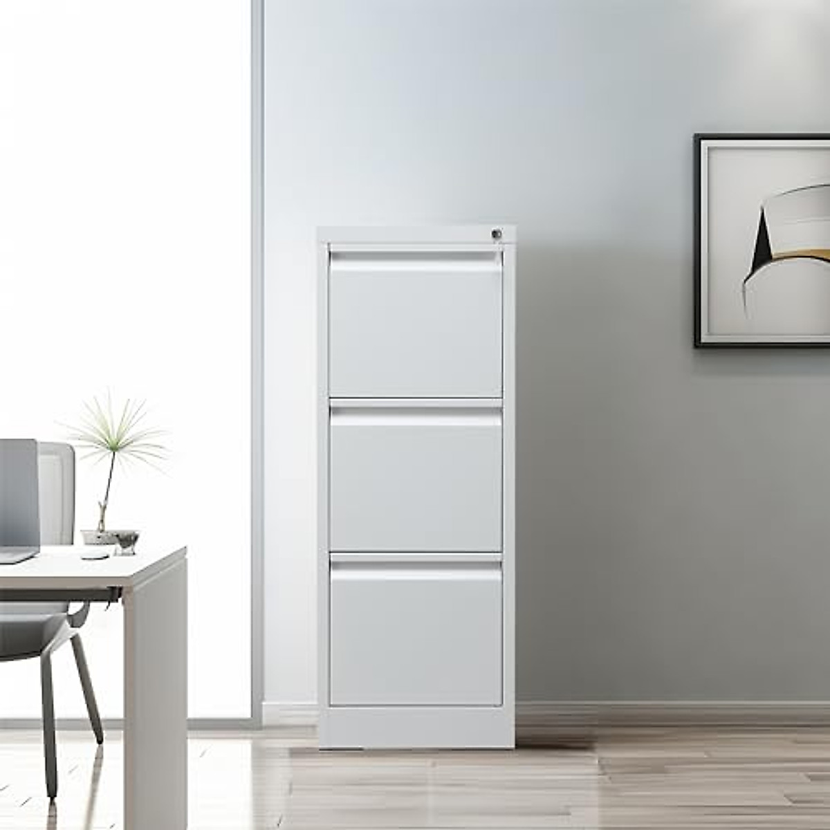 Finnhomy 3 Drawer Vertical File Cabinet with Lock, Metal Filing Cabinets for Home Office, Heavy Duty Storage Cabinet for Hanging Files A4/Letter/Legal with 25 Legal Size folders, Assembly Required