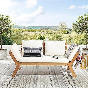 Verano Garden Outdoor Convertible Sofa Daybed, FSC Acacia Wood Patio Couch with Thick Cushion & Pillows for Porch, Backyard, Balcony, Apartment, Sunroom, Cream White