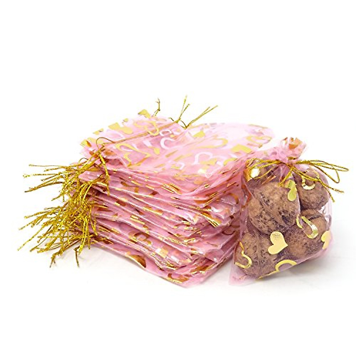 Honbay 50PCS 3.7x4.9 inch Sheer Pink Drawstring Heart Organza Favor Gift Bags Wedding Party Christmas Baby Shower Jewelry Pouches