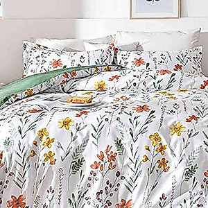 Floral Duvet Cover Full Size - White Yellow Flowers and Green Leaf Spring Botanical Printed Microfiber Comforter Cover Set - 3PC 80X90 Soft and Lightweight Quilt Cover, Farmhouse Style for Women Men
