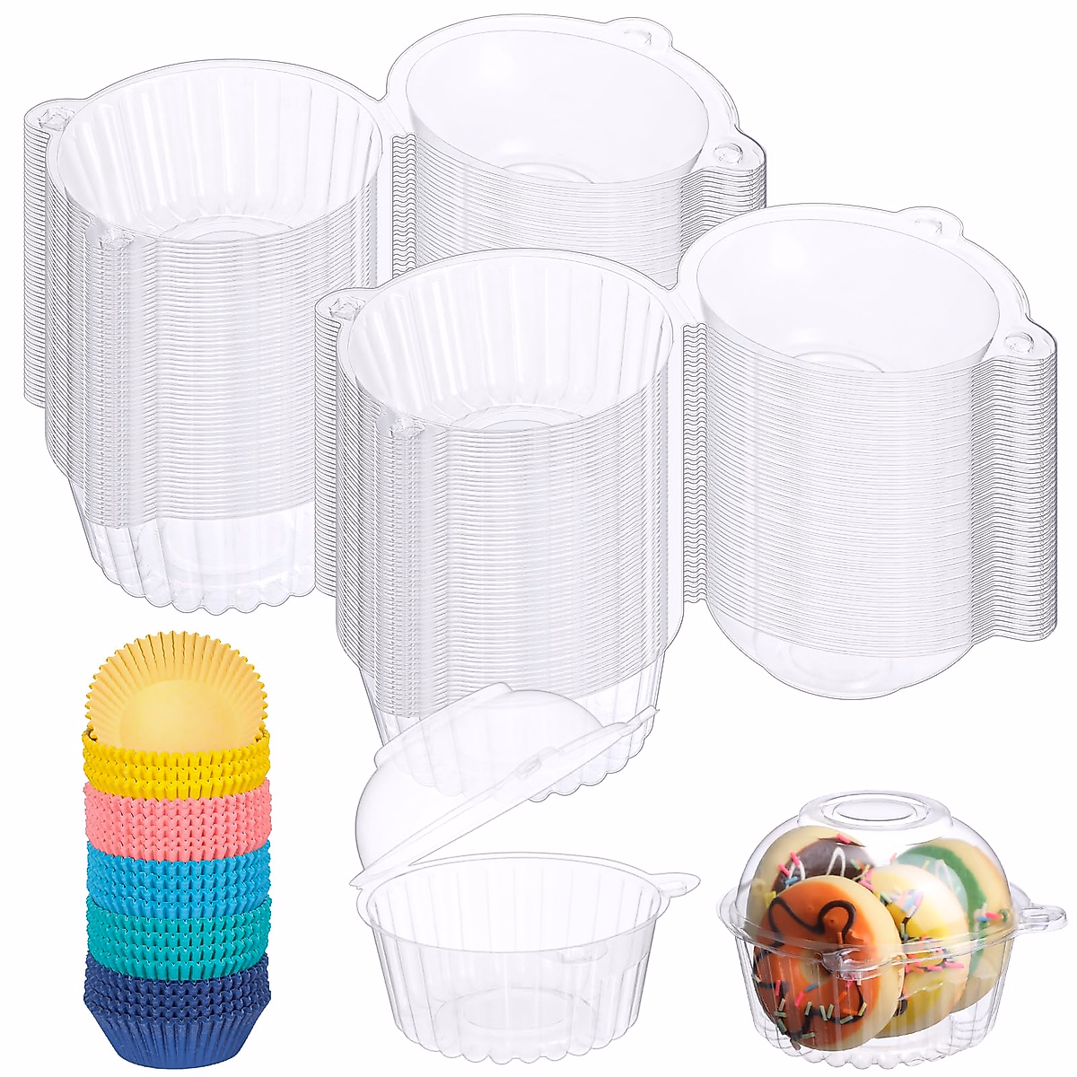Amyhill 200 Set Cupcake Holders Individual with Cupcake Liners Including 200 Disposable Clear Plastic Cupcake Containers with Dome Lid and 300 Paper Cupcake Wrappers for Baking Muffin, Cat Style
