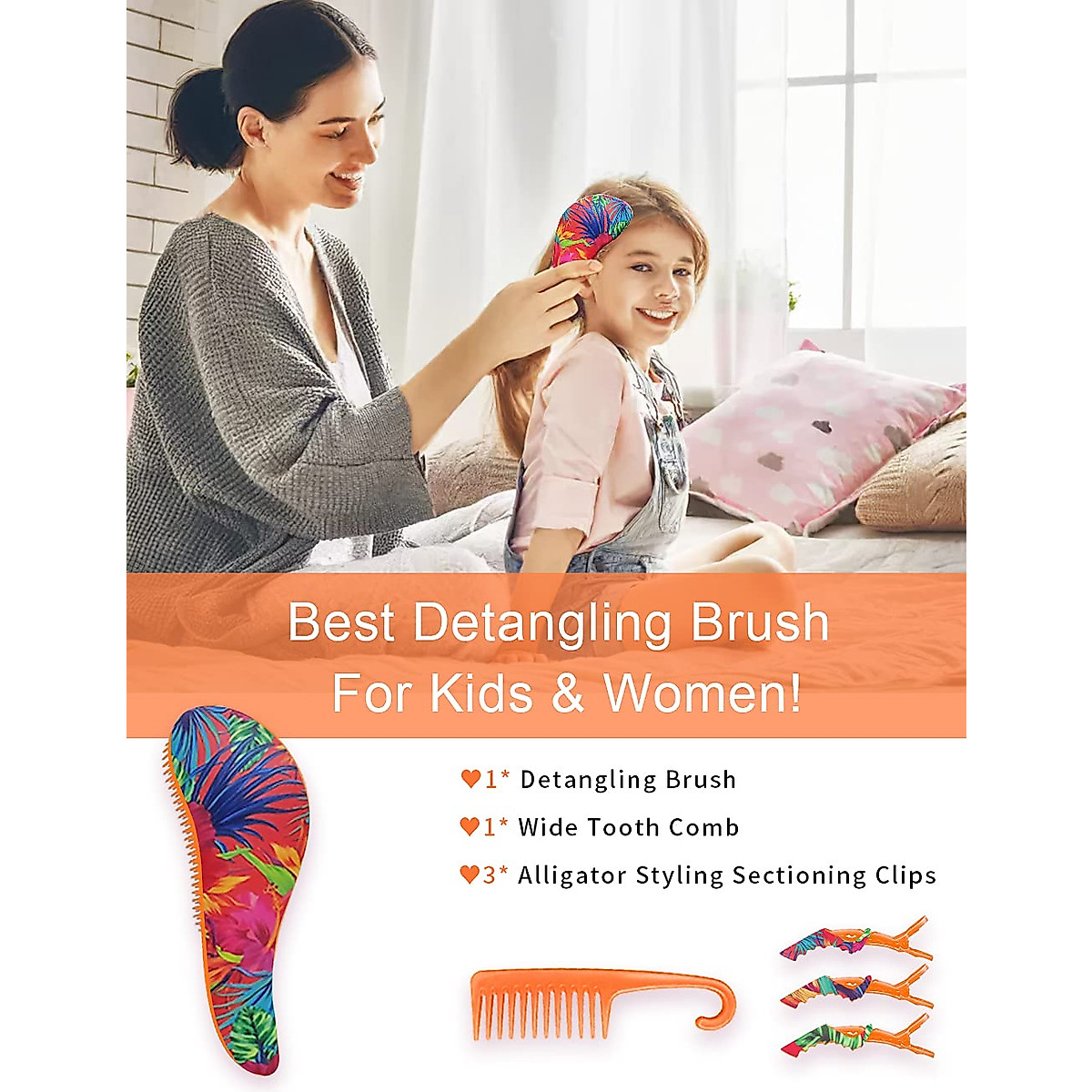 Detangling Hairbrush and Comb Set - Detangling Brush for Wet, Dry, Curly, Women & Kids Hair with Wide Tooth Comb and 3 Alligator Styling Sectioning Clips of Professional Hair Salon Quality (Tropica Plants)