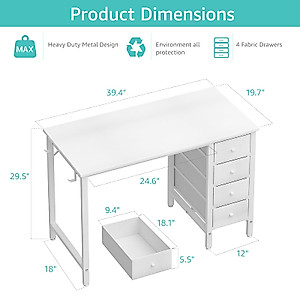 Lufeiya Small White Desk with Fabric Drawers, 40 Inch Kids Girls Teen Cute Study Desk for Bedroom Work, Computer Writing Table Desks with Drawer for Small Spaces Home Office