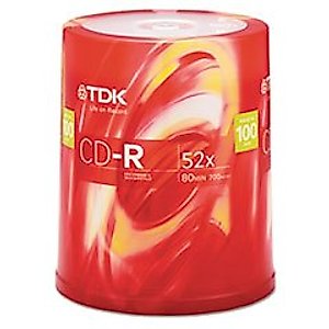 TDK Electronics Corp. CD-R Discs, 700MB, 80Min, 52x, 100/PK, Silver