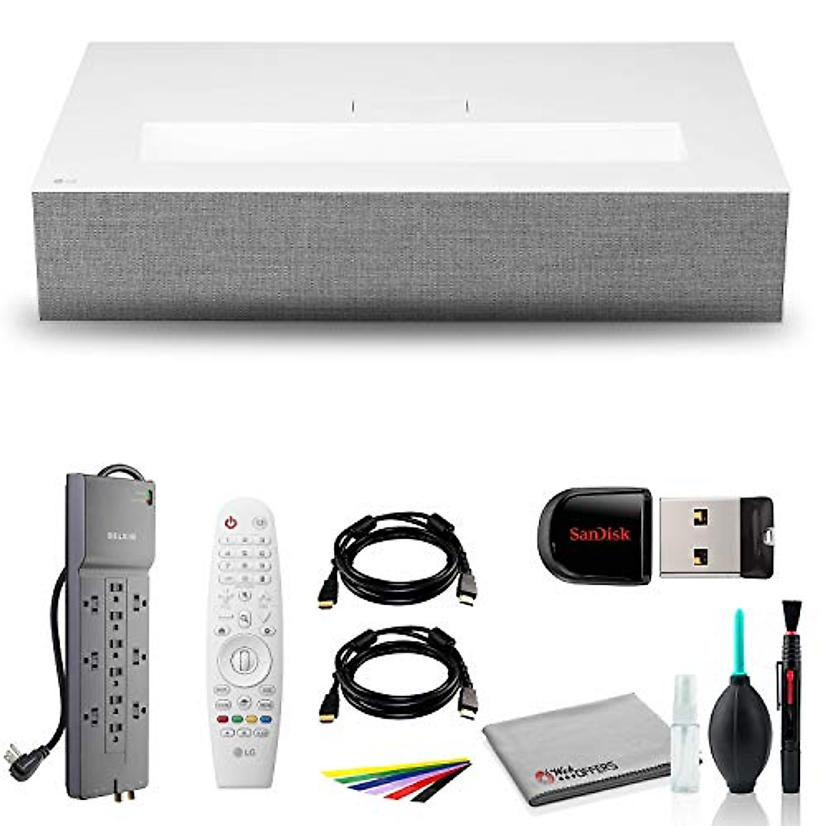 LG HU85LA Ultra Short Throw 4K UHD Laser Smart Home Theater Cinebeam Projector with HDMI Cable, Wire Straps, Surge Protector, Cleaning Set and More