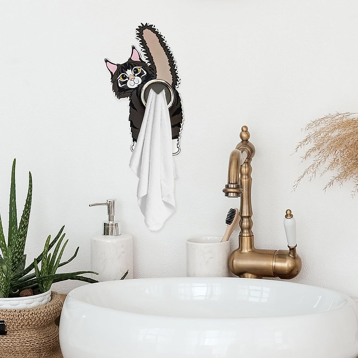 Funny Cat Butt Towel Holder Round Push Towels Cat Hooks with Adhesive Backing，Wall Mount Dishcloth Hook Hanger Dark Brown Prank Cat Hanging Decor，for Home Kitchen Bathroom Cabinet Without Drilling