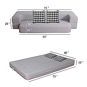 HonTop Folding Sofa Couch Bed 75" W x 30" D x 20" H with 2 Pillows Modern Futon Sofa Bed Memory Foam Sleeper Chair Bed for Guest Bed Mattress, Twin Size, Light Grey
