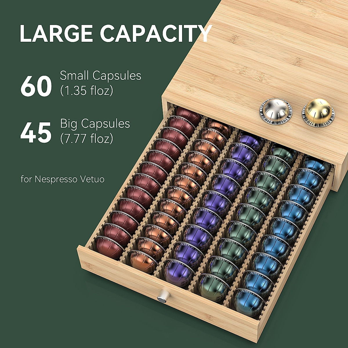 WELL WENG for Nespresso Vertuo Capsules (NV145) - Premium Bamboo Coffee Pod Drawer, 45 Big or 60 Small Vertuoline Pods Organizer - 14'' Deep by 3.9'' High (Natural)