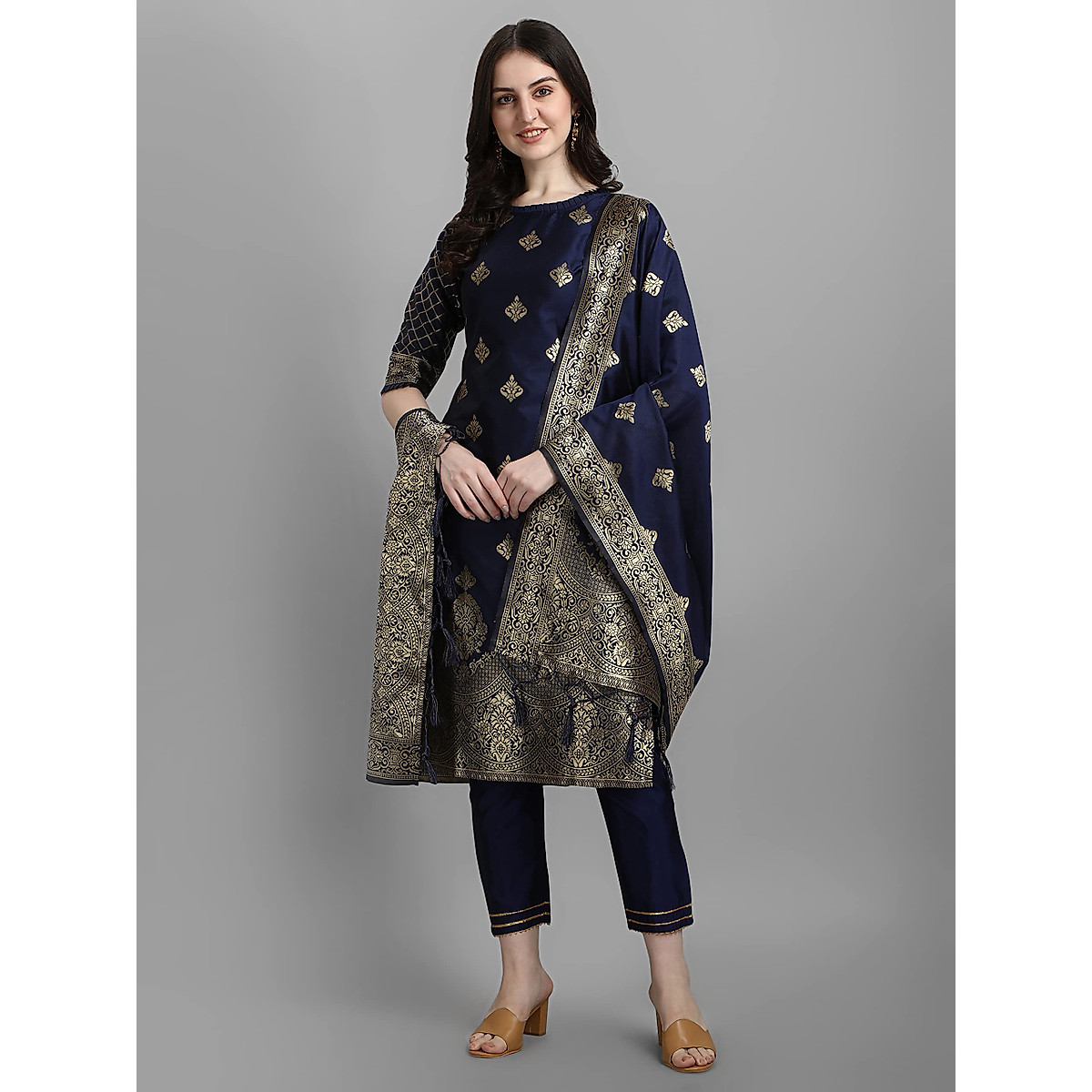 VredeVogel Women's Cotton Silk Jacquard Kurta Pant With Banarasi Silk Dupatta Large Navy Blue
