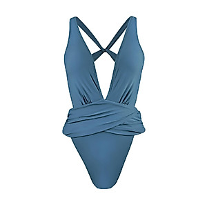 CUPSHE One Piece Swimsuit for Women Bathing Suit Cut Out Cross Back Tie Deep V Neck Ruched High Cut,L Sapphire Blue