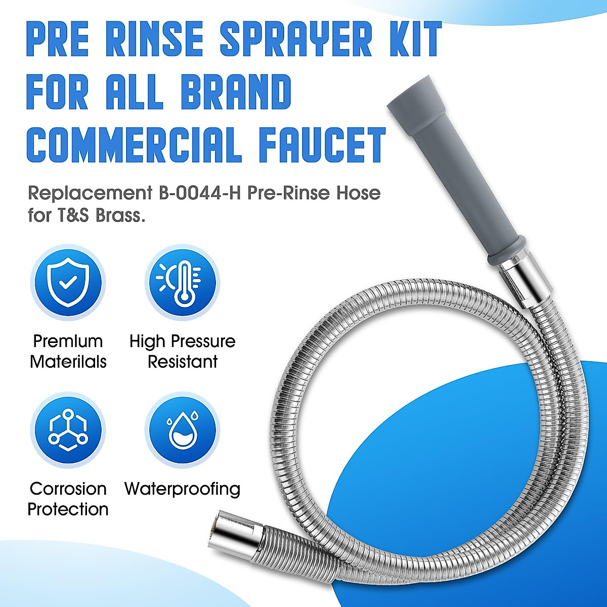 Replacement B-0044-H Pre-Rinse Hose for T&S Brass, 44 Inches Flexible Stainless Steel commercial sink sprayer Hose with Heat Resistant Gray Handle