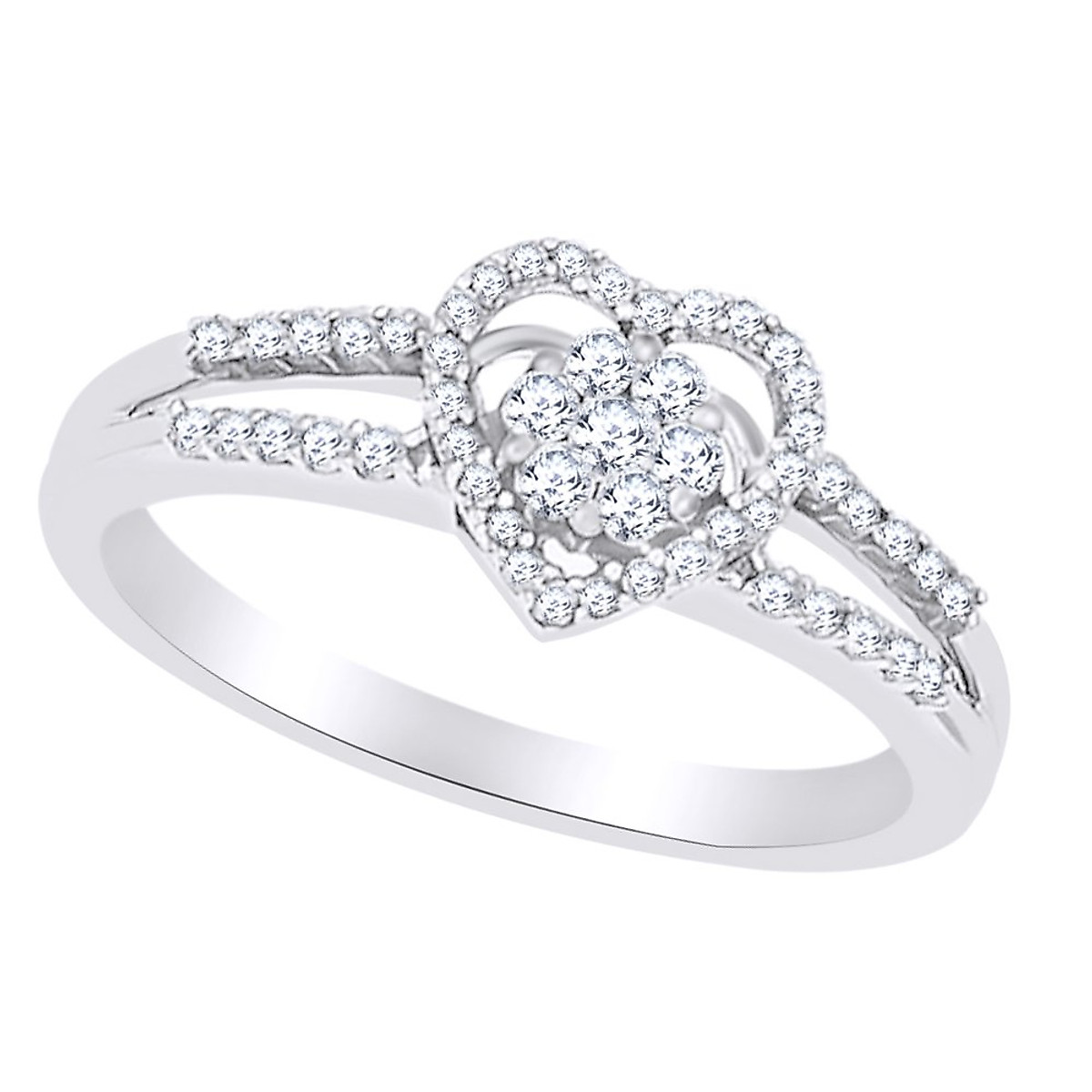 Round Shape White Natural Diamond Heart Frame Promise Ring In 925 Sterling Silver (0.25 cttw) Ring Size-10